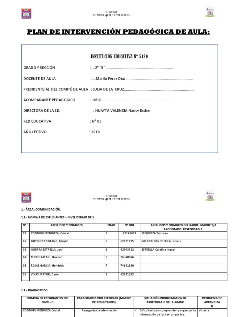 Plan de Intervención Pedagógica de Aula | Metodos de aprendizaje | Psicoterapia