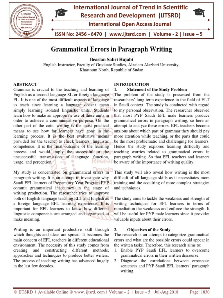 Grammatical Errors in Paragraph Writing | PDF | English As A Second Or ...