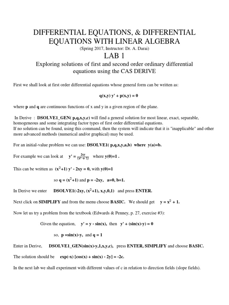 Differential Equations, & Differential Equations With Linear Algebra Lab 1 | PDF