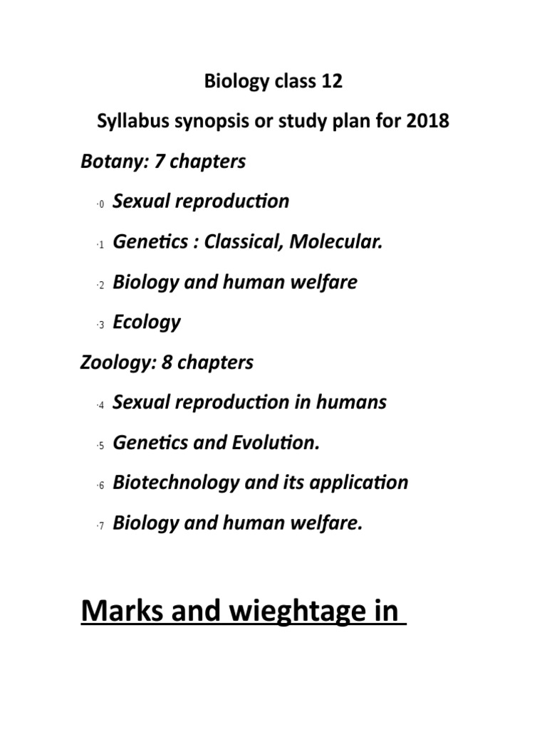 Marks and Wieghtage In: Biology Class 12 Syllabus Synopsis or Study ...