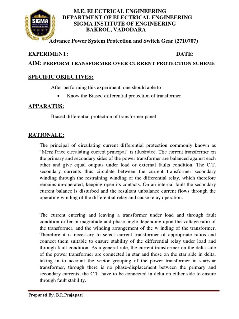 Perform Transformer Over Current Protection Scheme: Prepared By: B.R ...