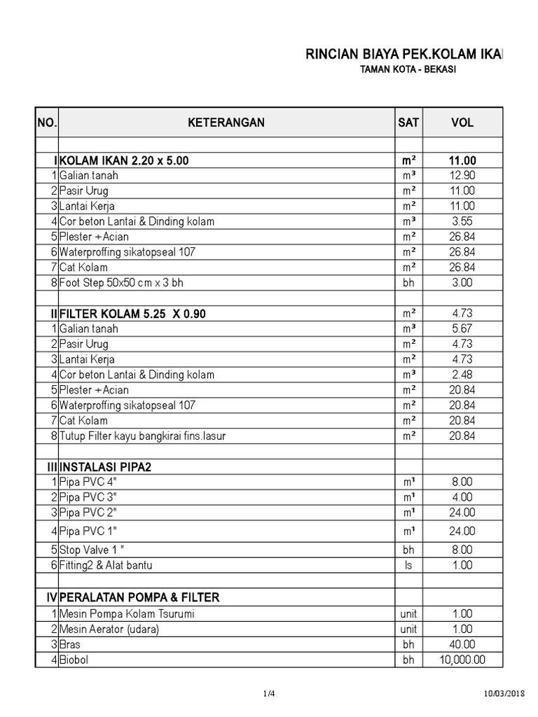 RAB Kolam Koi - Taman Kota Bekasi | PDF