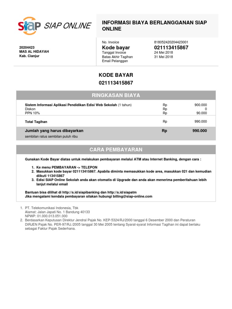 Contoh Billing Telkom Untuk Siap Id | PDF