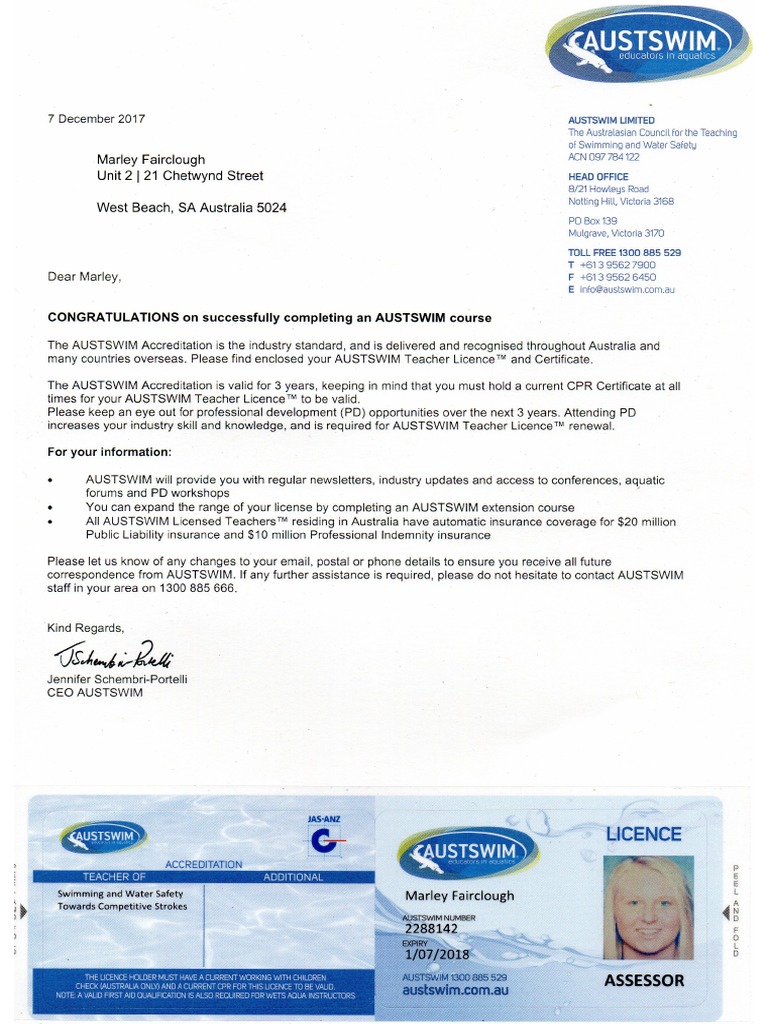 Austswim Asser Certificate | PDF