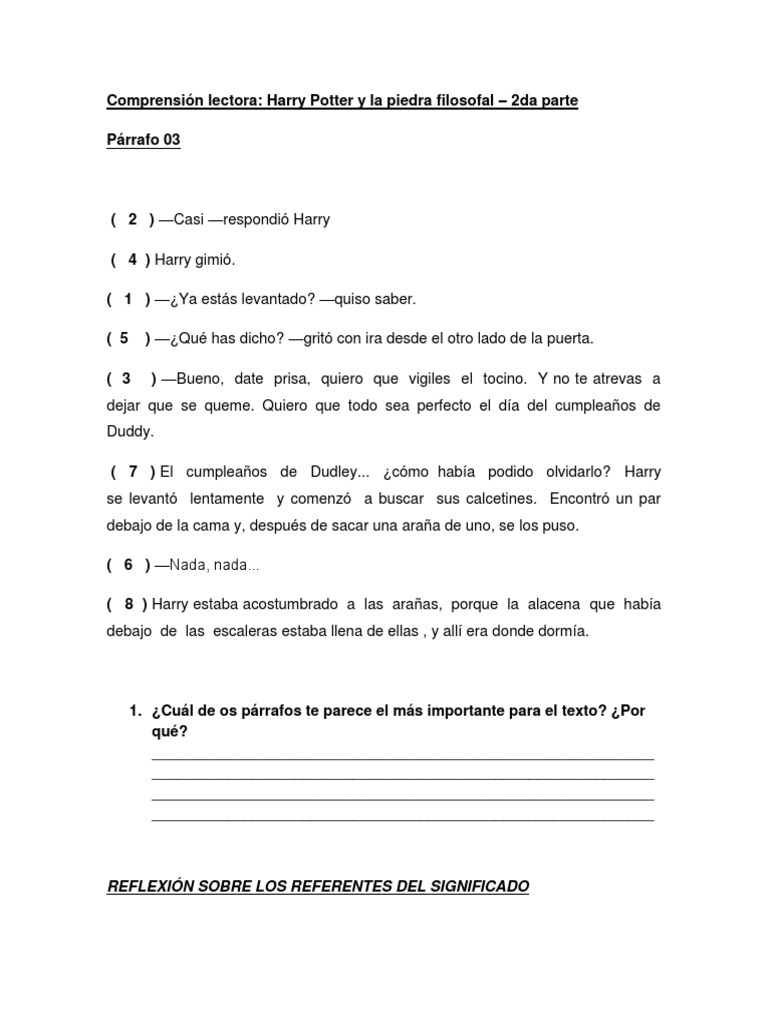 Comprensión Lectora-Harry Potter 2da Parte | PDF | Pelo | Ocio