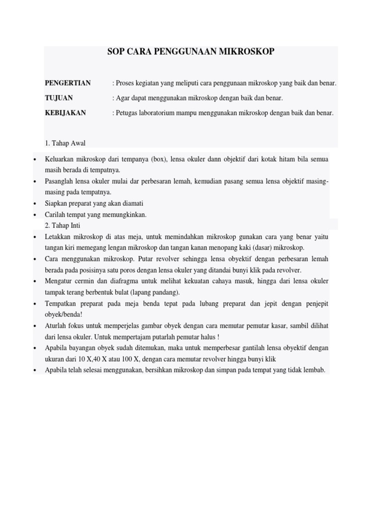 Sop Cara Penggunaan Mikroskop | PDF