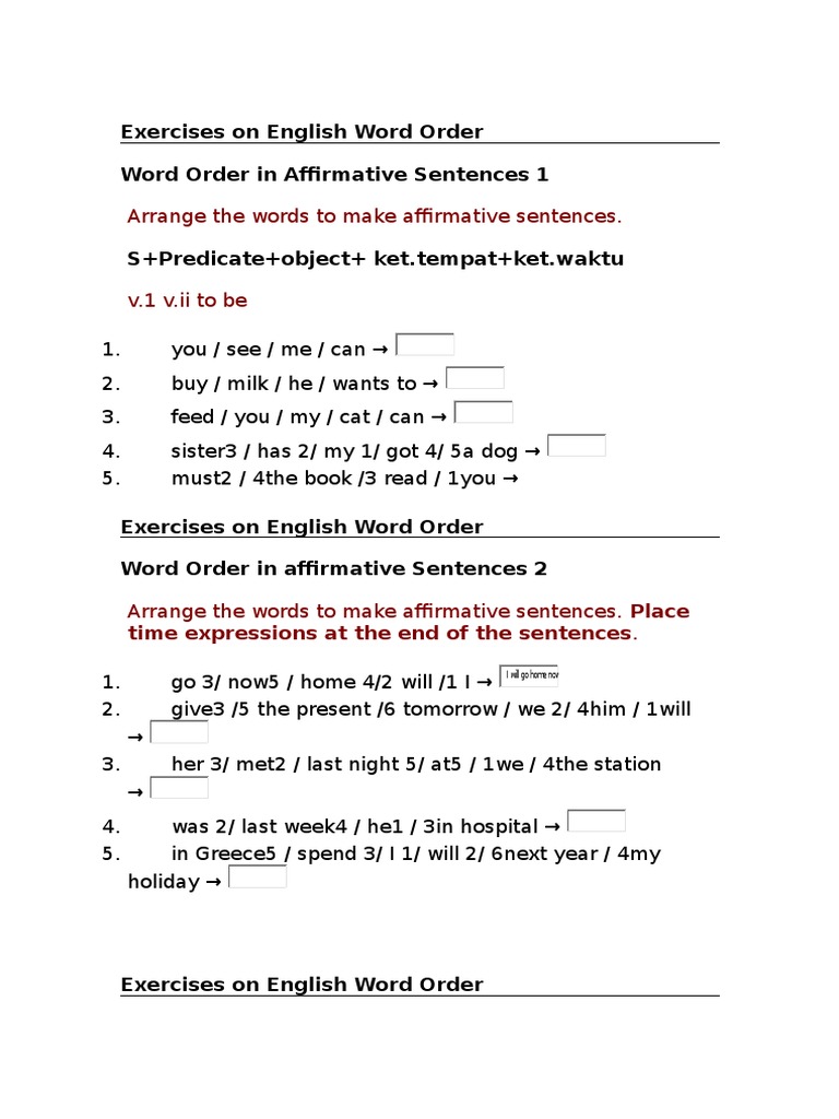 Exercises On English Word Order Word Order in Affirmative Sentences 1 ...
