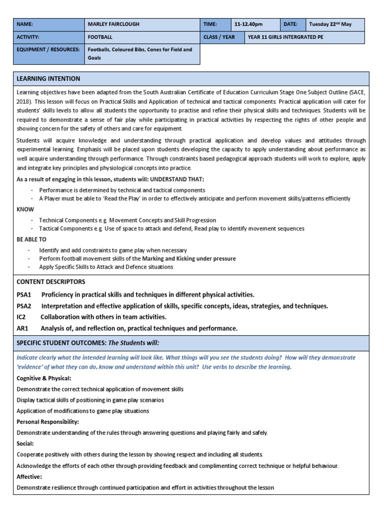 Lesson Plan - Marking and Kicking | PDF | Nonverbal Communication ...