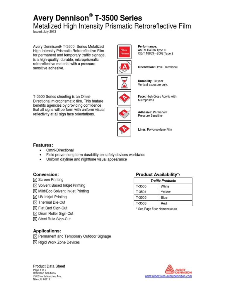 Avery Dennison T-3500 Series: Metalized High Intensity Prismatic Retroreflective Film | PDF ...