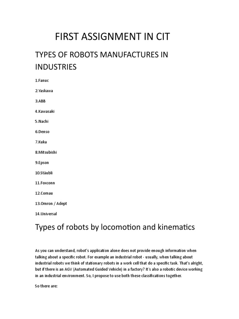 First Assignment in Cit: Types of Robots Manufactures in Industries ...