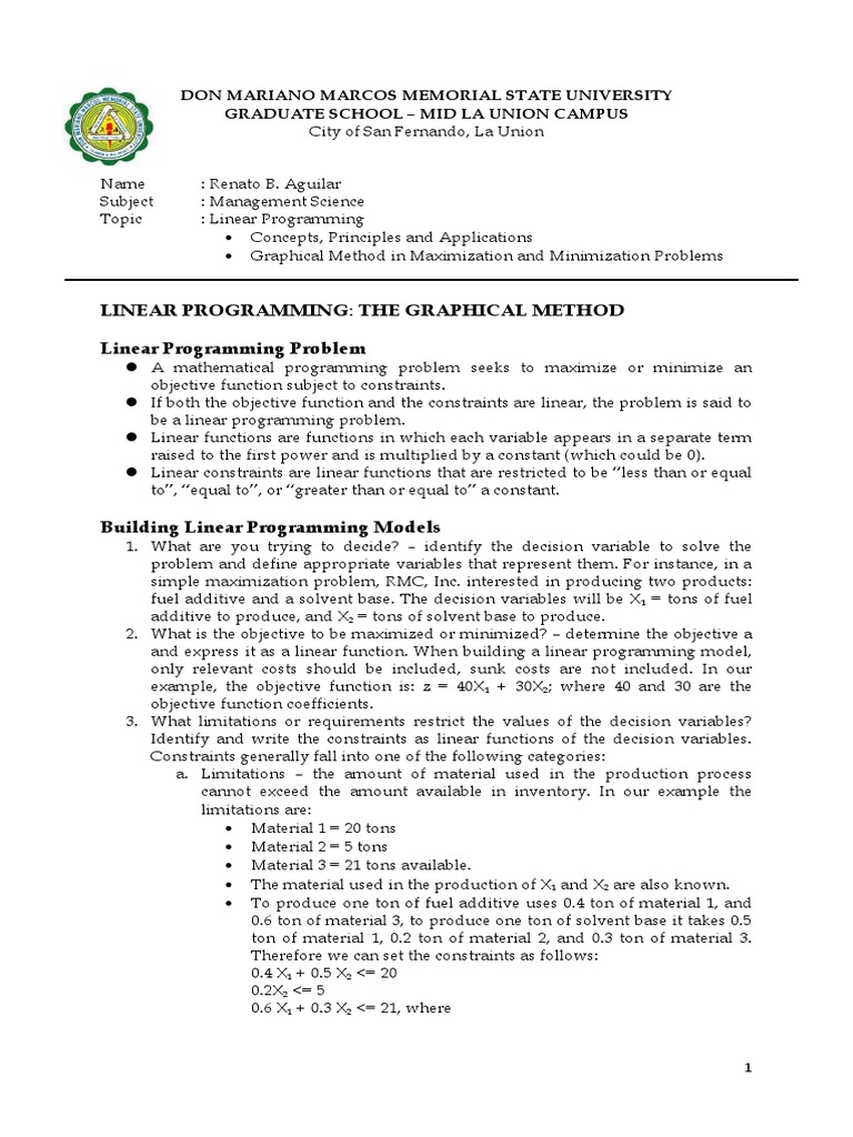 Linear Programming The Graphical Method Pdf Linear Programming