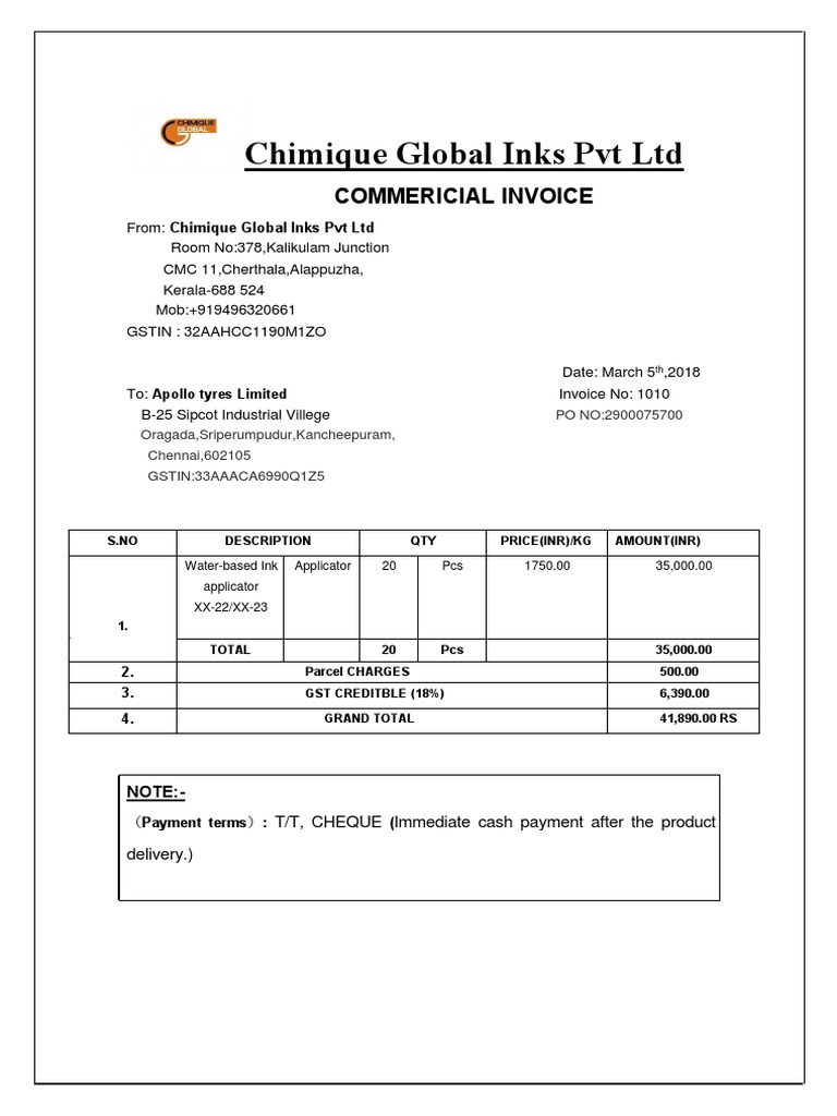 Invoice for Apollo Tyres | PDF | Money | Business