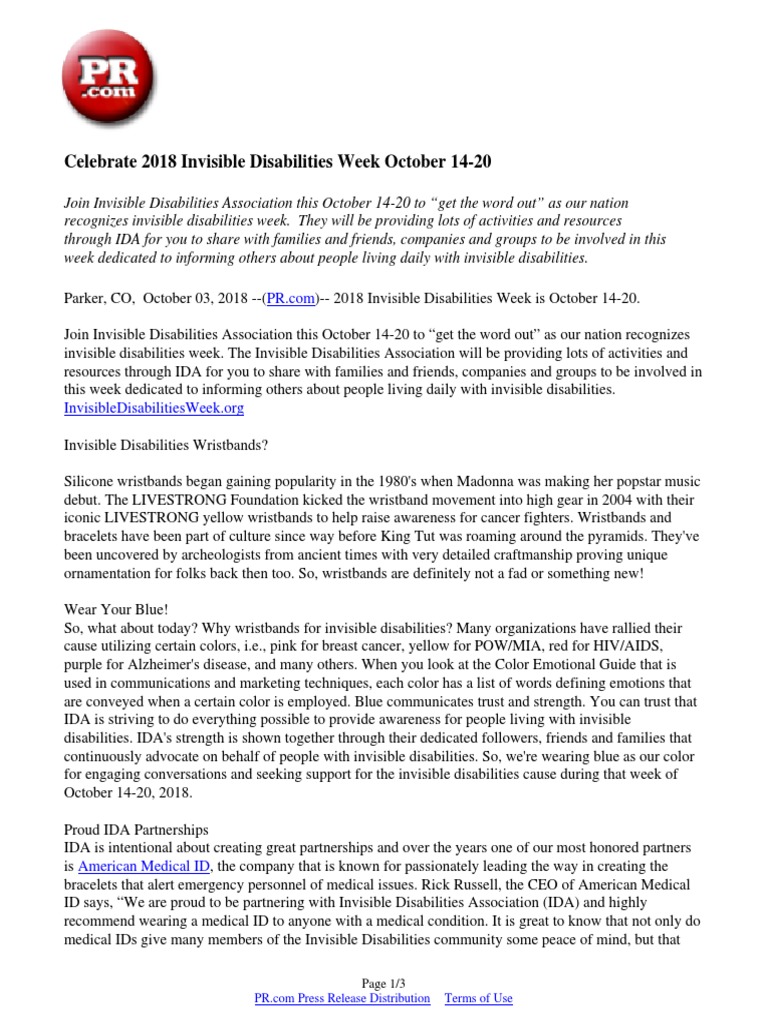 Celebrate 2018 Invisible Disabilities Week October 14-20 | PDF ...