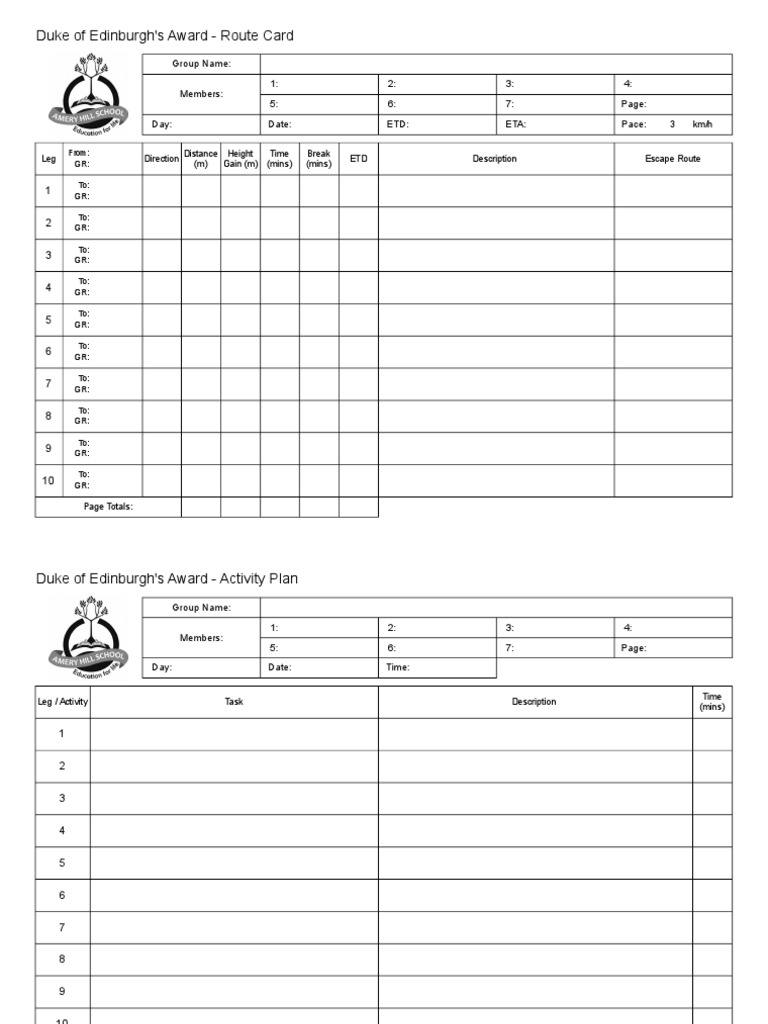 Duke of Edinburgh's Award - Route Card: Group Name: Members: 1: 2: 3: 4 ...