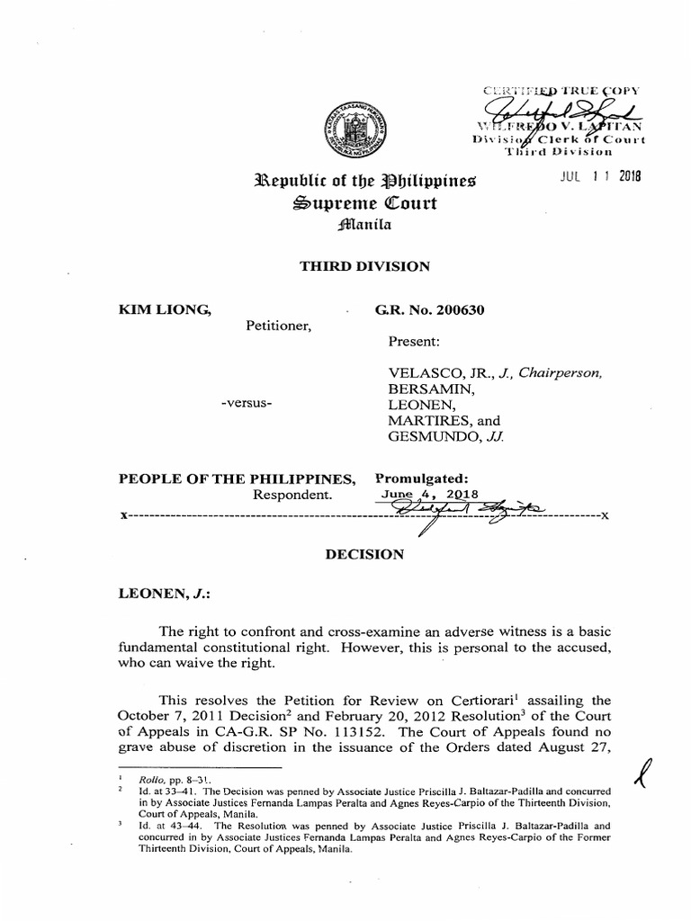 Kim Liong v. People PDF | PDF | Cross Examination | Confrontation Clause