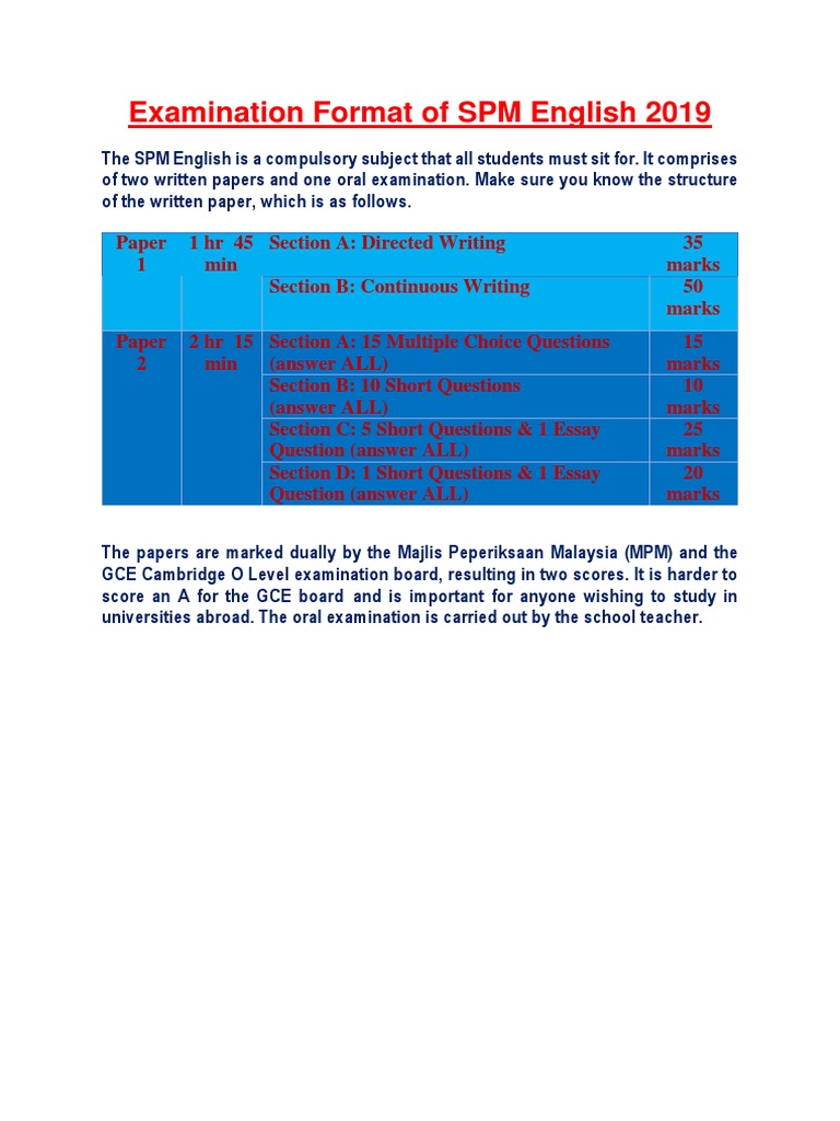 Examination Format of SPM English 2019 | PDF