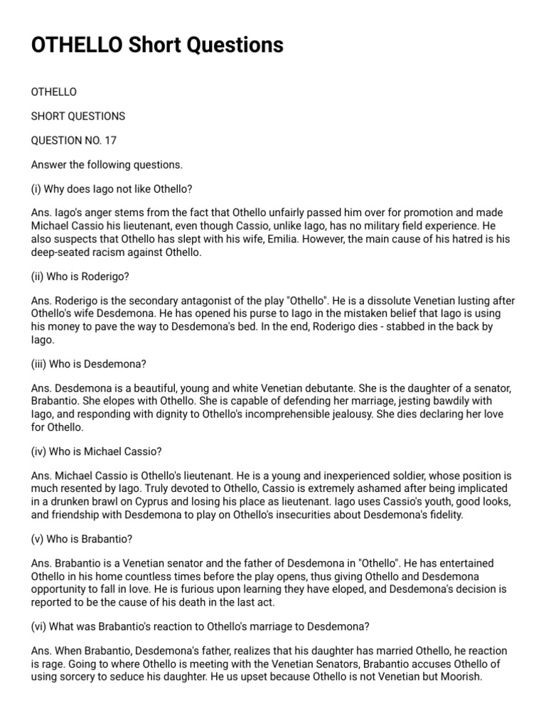 Othello: Short Questions & Answers | PDF | Othello | Iago