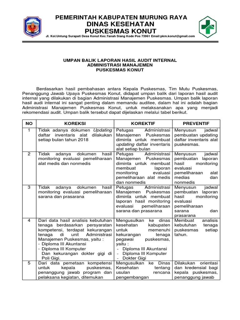 Ringkasan Umpan Balik Laporan Hasil Audit Internal Administrasi Manajemen Puskesmas Konut | PDF