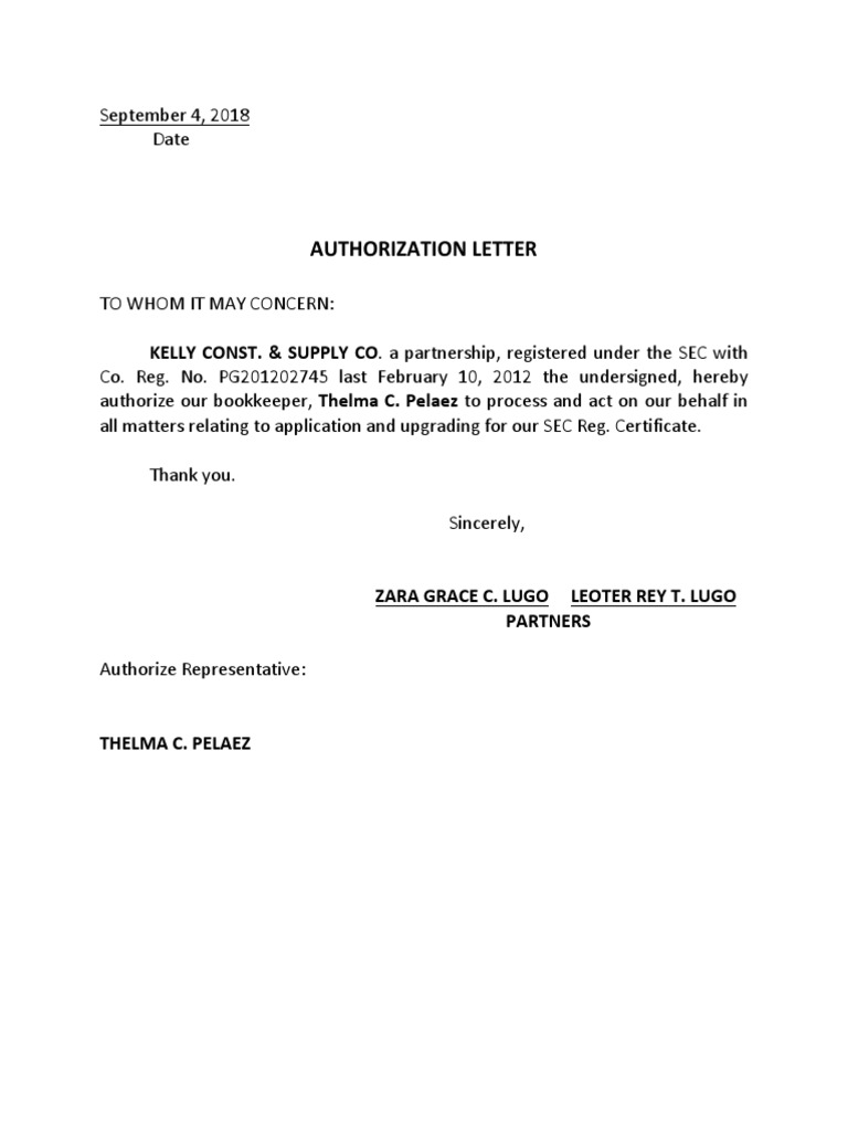 Authorization letter for bookkeeper to handle SEC registration | PDF