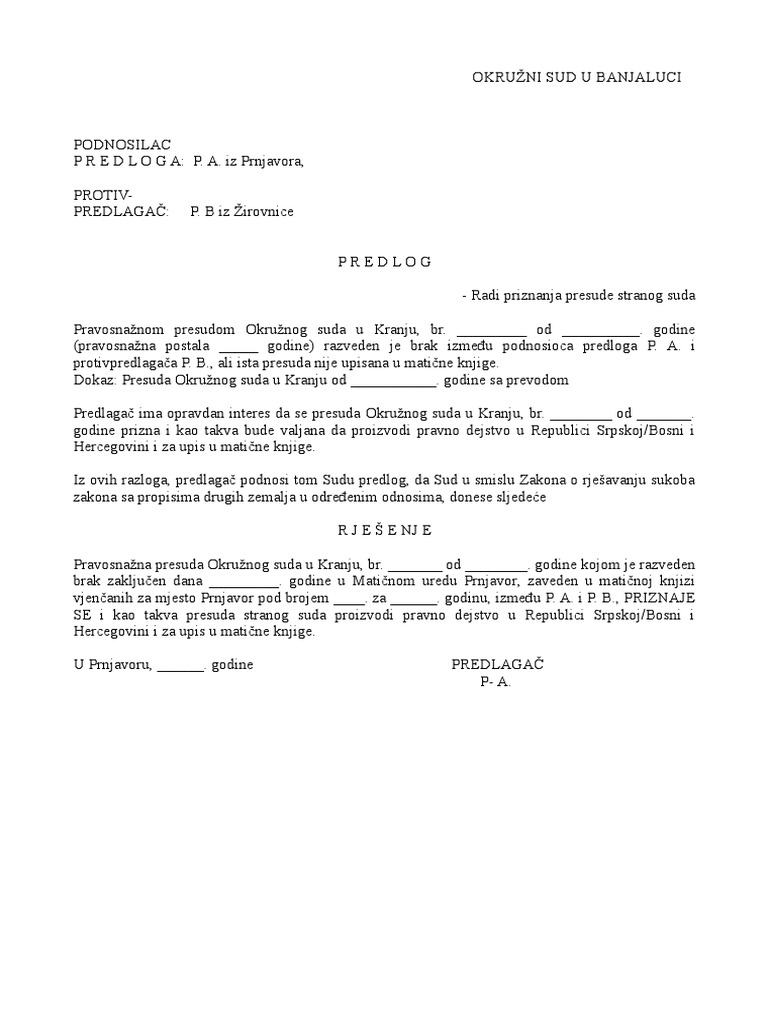 Predlog Za Priznanje Strane Sudske Odluke | PDF