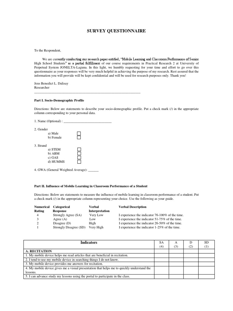 Sample Survey Questionnare | PDF | Questionnaire | Behavior Modification