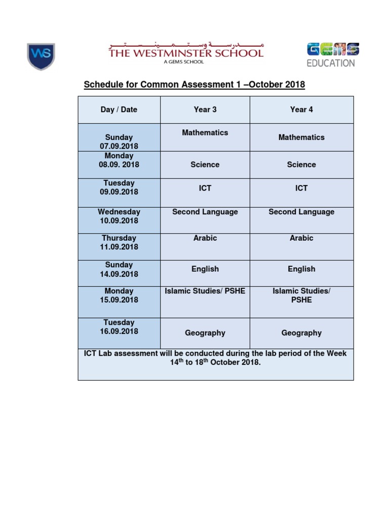 Year 3 and 4 Schedule For Common Assessment 1 - October 2018 PDF | PDF