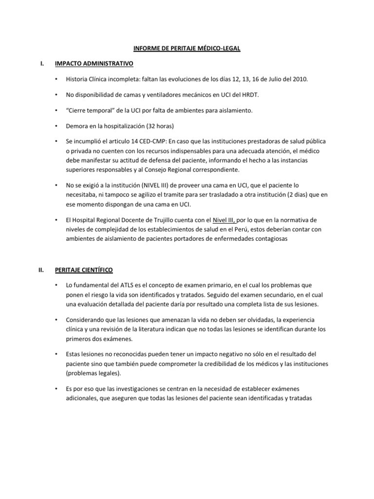 INFORME DE PERITAJE MÉDICO | Historial médico | Hospital