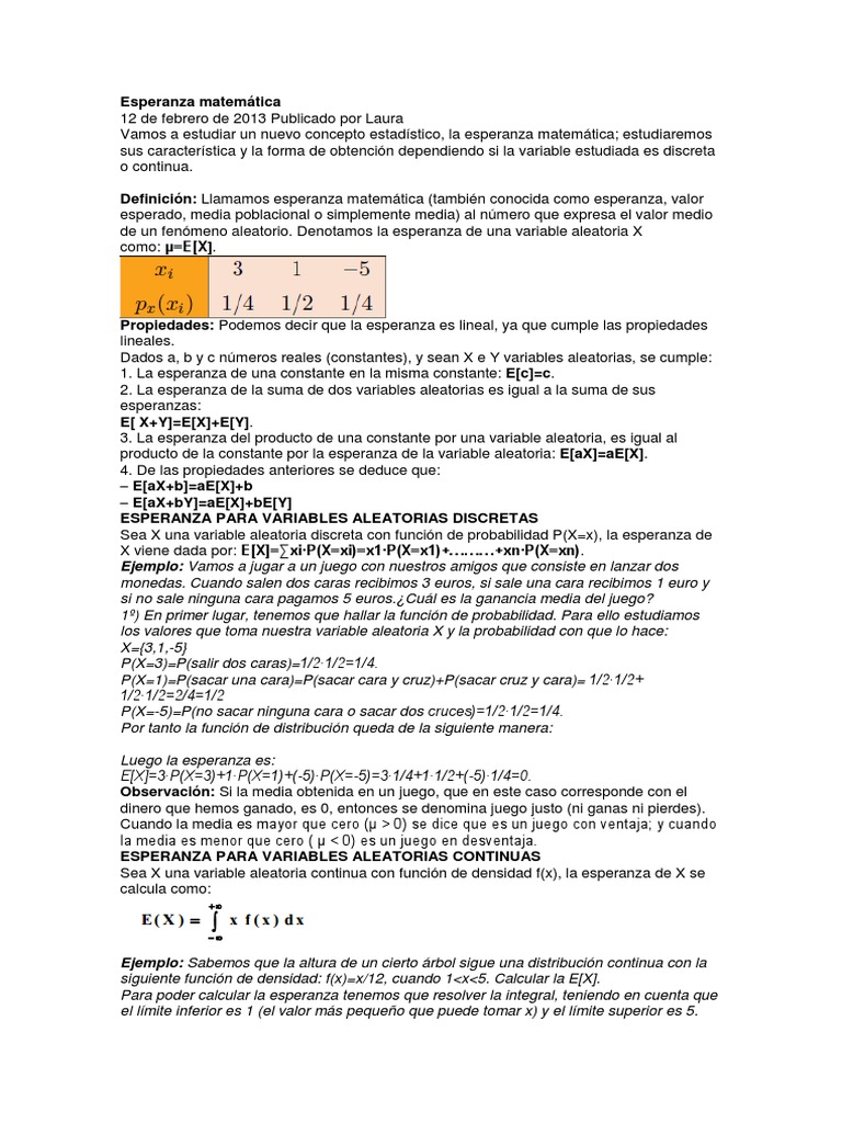Definición y Cálculo de Esperanza Matemática | PDF | Variable aleatoria ...