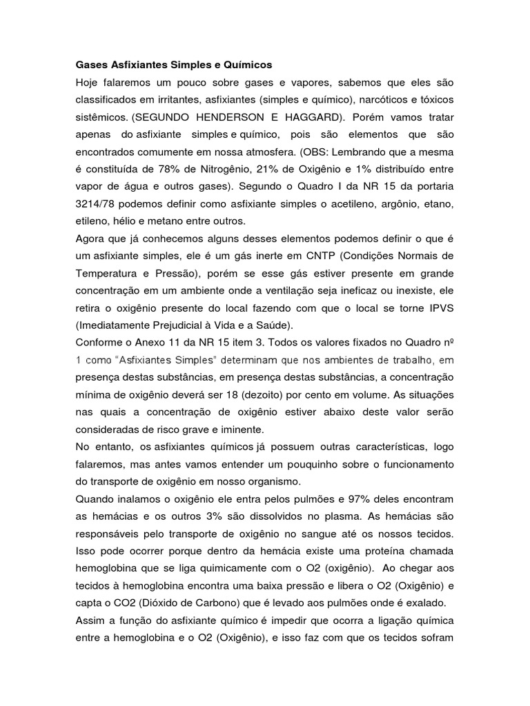 Gases Asfixiantes Simples e Químicos | PDF | Oxigênio | Hemoglobina