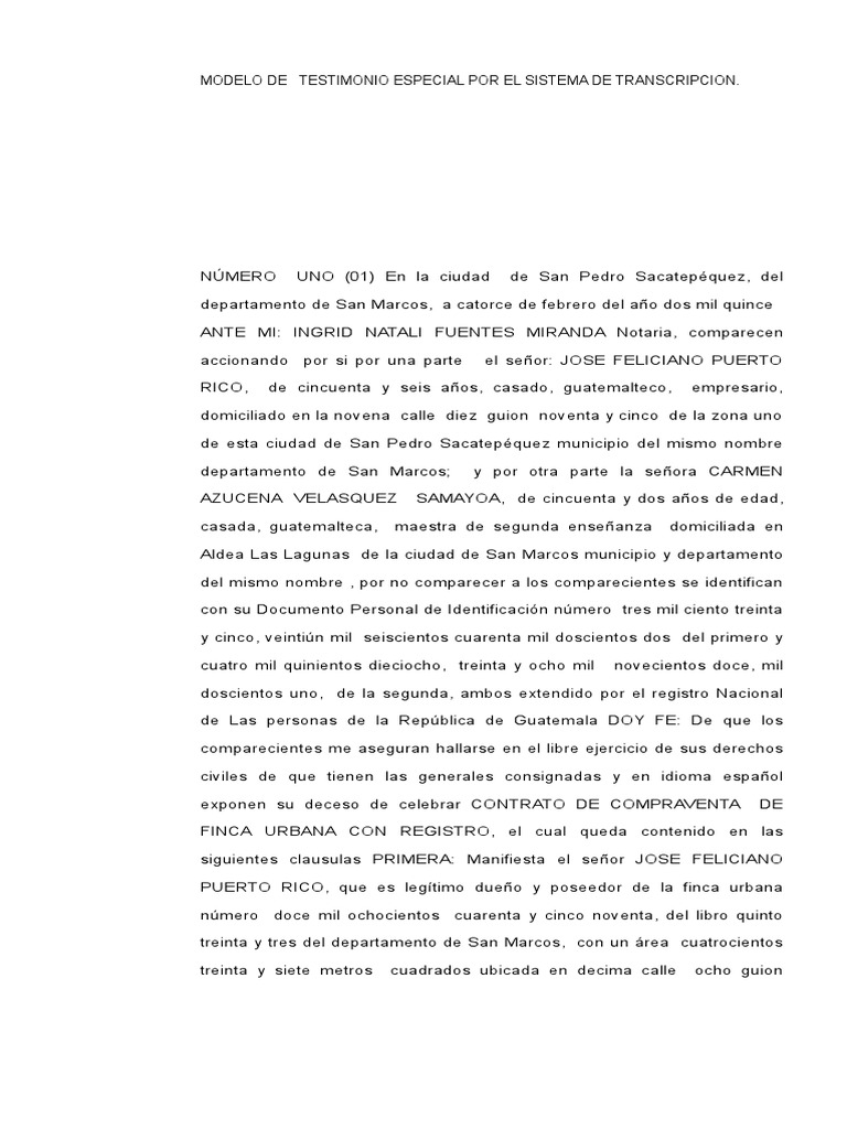 Testimonio Notarial de Compraventa | PDF | Guatemala