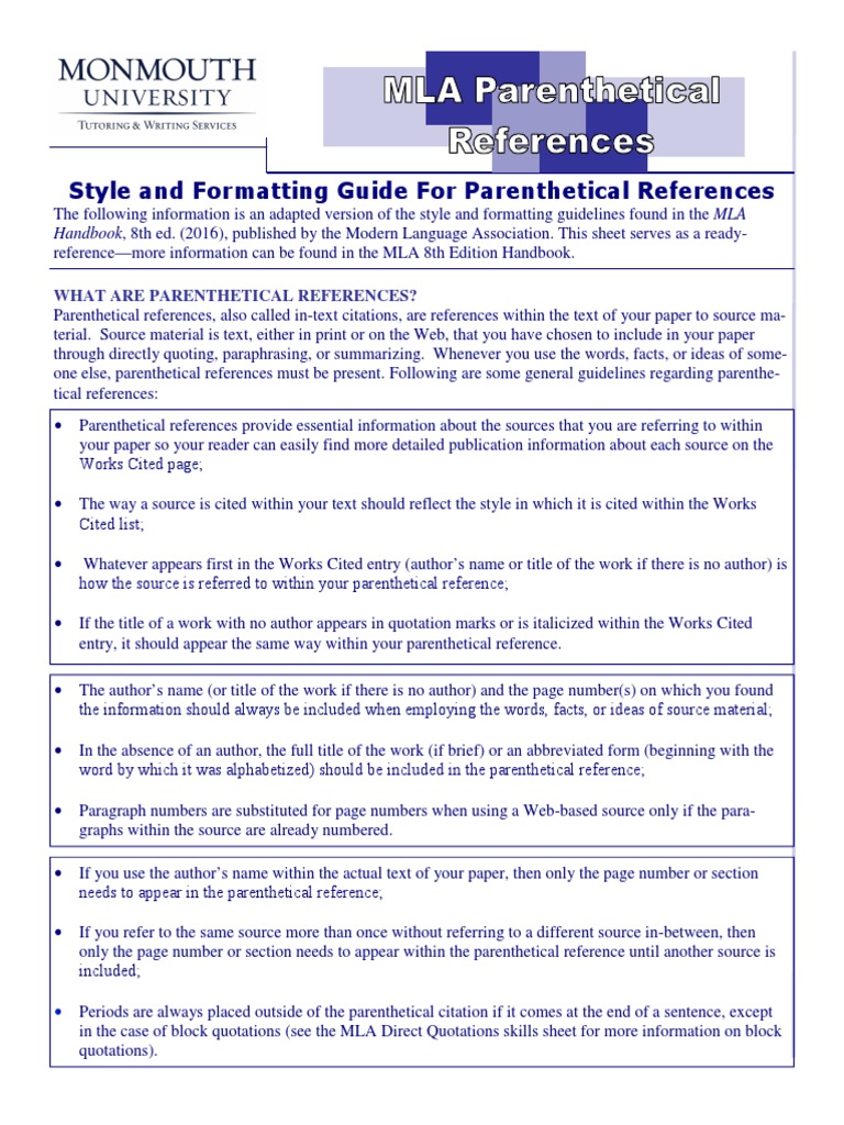 Style and Formatting Guide For Parenthetical References: Handbook | PDF ...