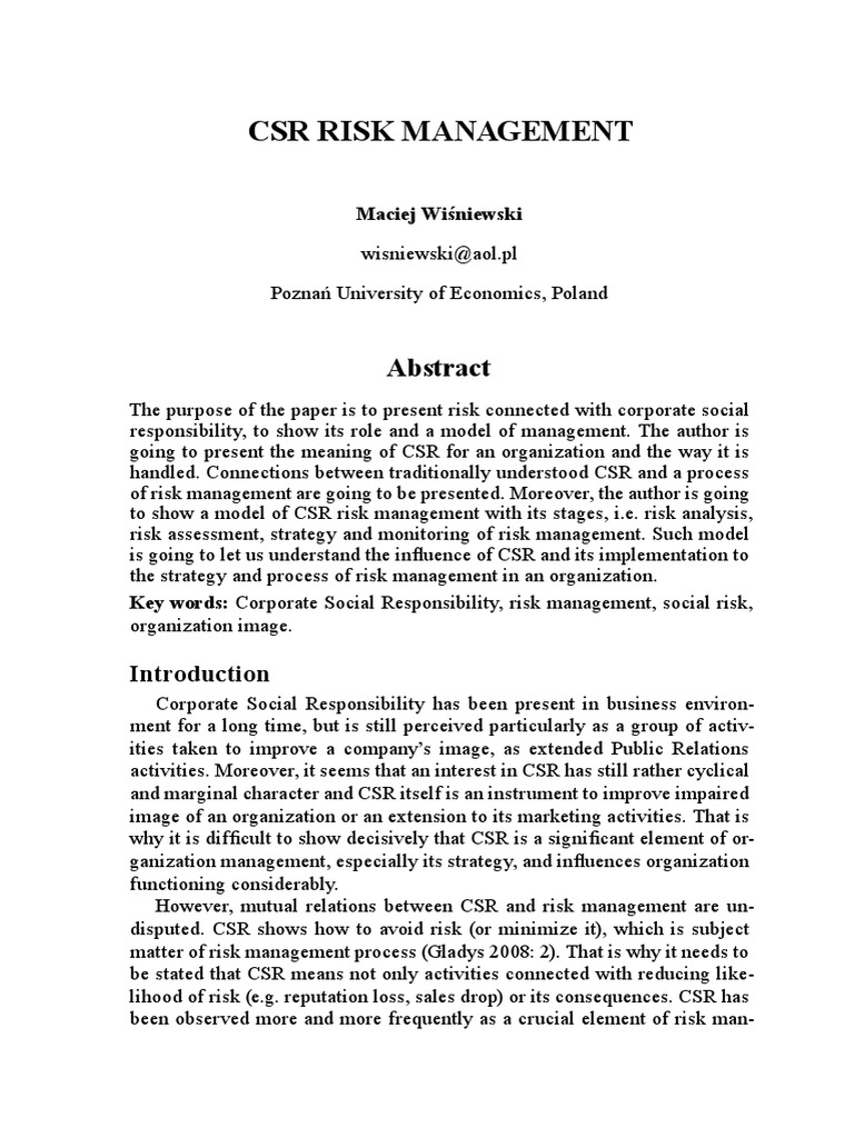 CSR Risk Management: Maciej Wiśniewski | PDF | Corporate Social ...