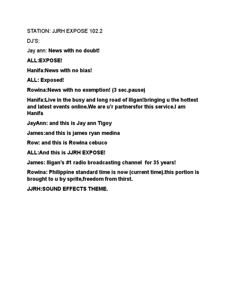 Station: JJRH Expose 102.2 DJ'S: Jay Ann: News With No Doubt! | PDF