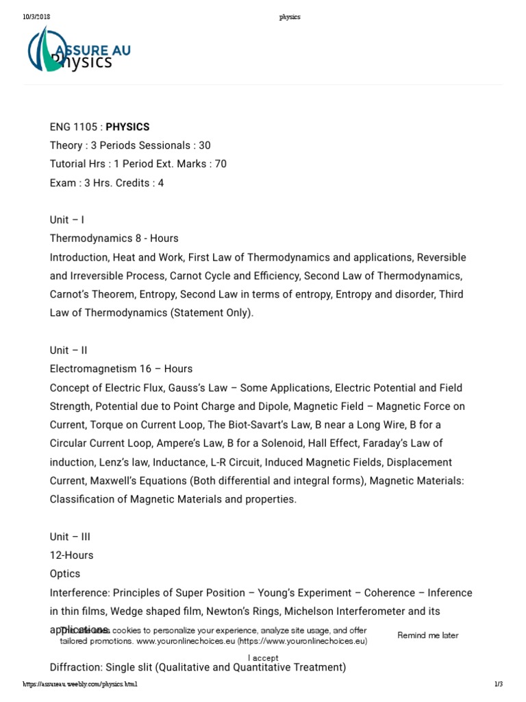 Assure AU Physics Syllabus | PDF | Magnetic Field | Electromagnetic Induction