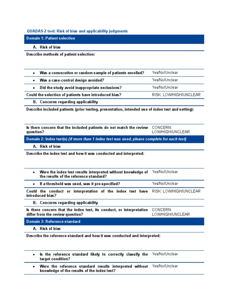 Template QUADAS 2 Tool | PDF | Bias | Risk