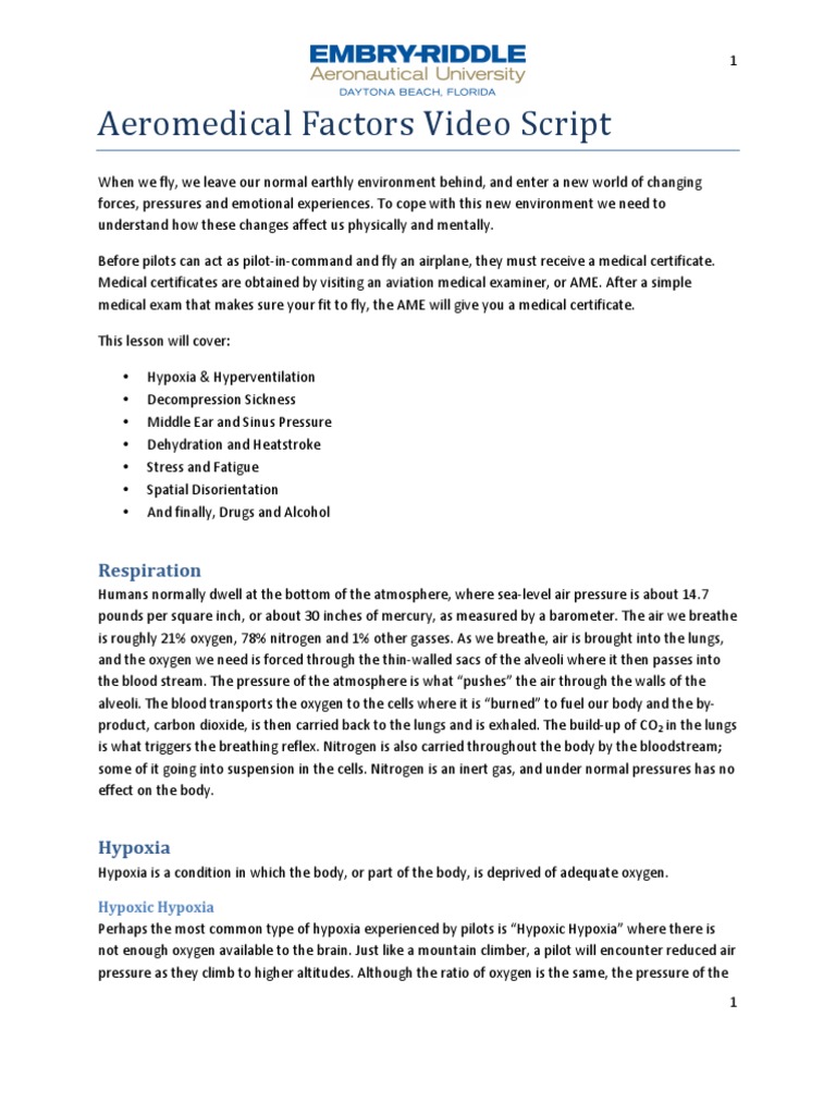 Aeromedical Factors Video Script: Respiration | PDF | Hypoxia (Medical ...
