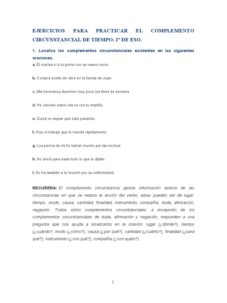 Ejercicios para Practicar El Complemento Circunstancial de Tiempo PDF | PDF | Mecánica del ...