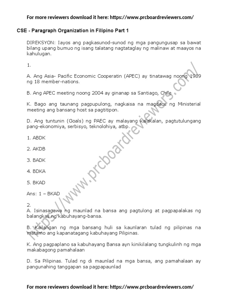 CSE - Paragraph Organization in Filipino Part 1 | PDF CSE - Paragraph Organization in Filipino Part 1 | PDF