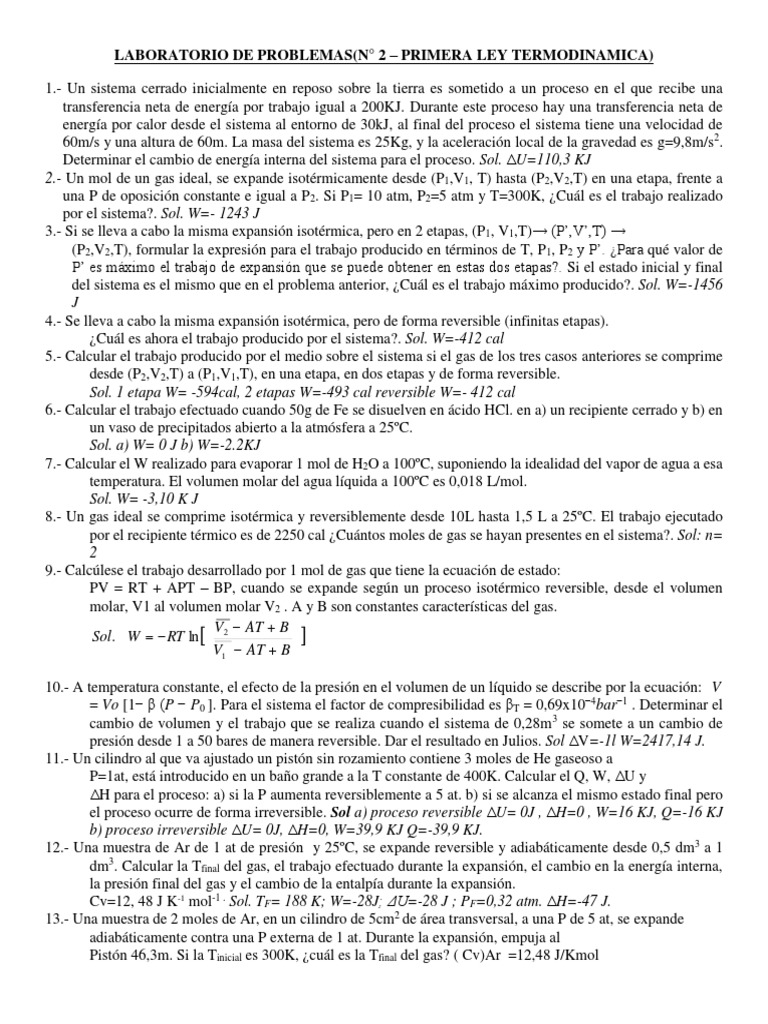 Ejercicios de La Primera Ley de La Termodinámica | PDF | Gases | Calor