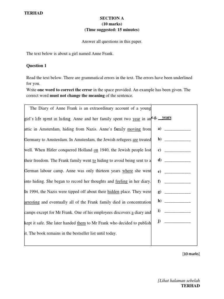 Anne Frank Diary Section A Summary | PDF | Test (Assessment) | Anne Frank