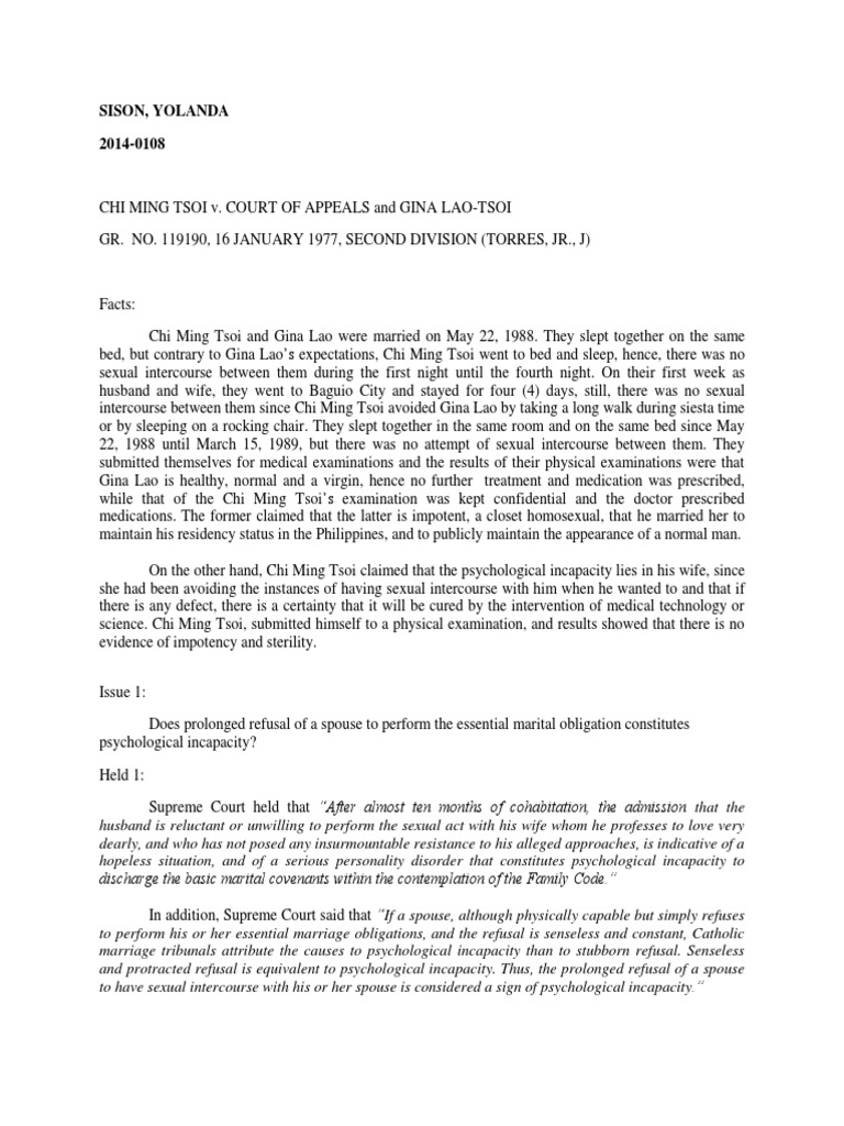 Chi Ming Tsoi v. CA and Gina Lao-Tsoi (Case Digest) | PDF | Marriage ...