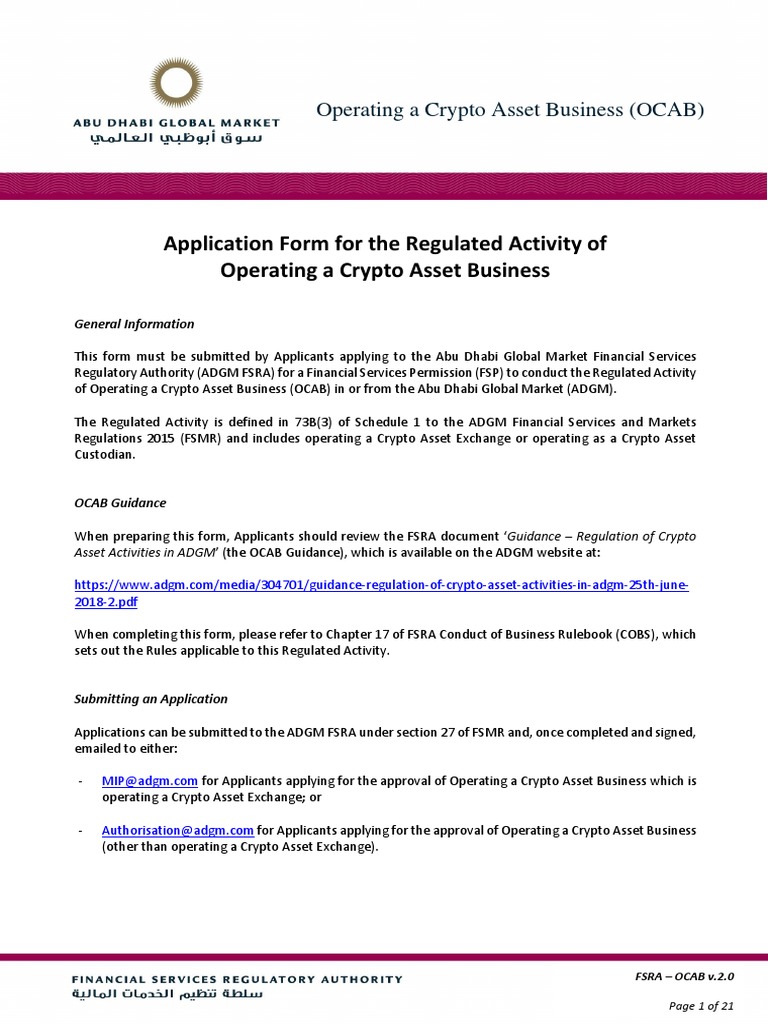 Fsra Application Form Operating a Crypto Asset Business Ocab v20 | Regulatory Compliance ...