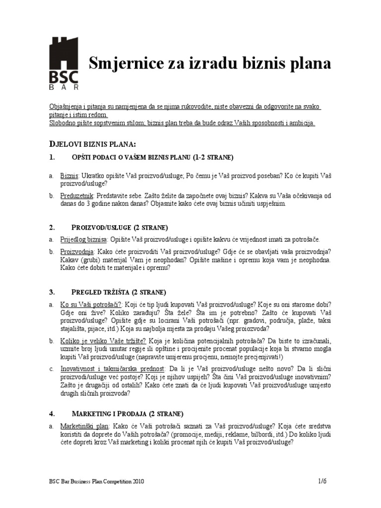 Smjernice Za Izradu Biznis Plana v5 | PDF