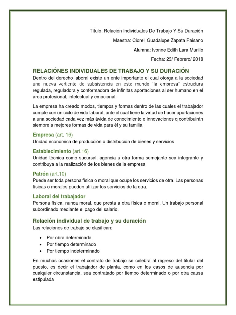 Relaciónes Individuales de Trabajo y Su Duración | PDF | Derecho laboral | Regulación