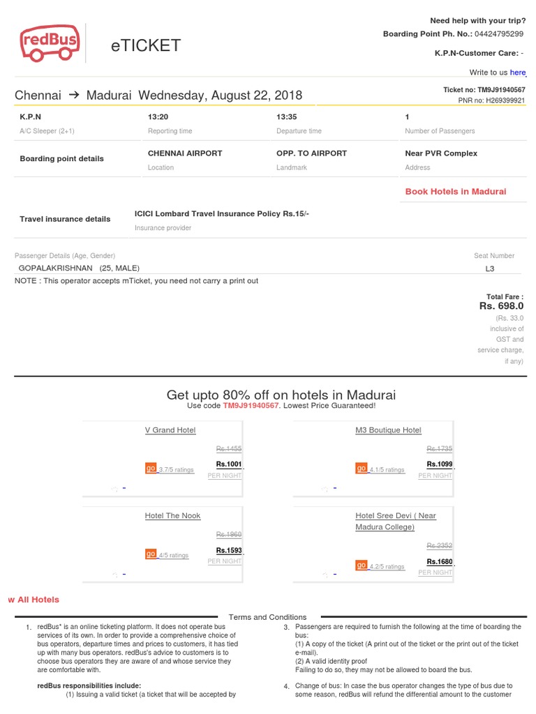 RedBus Ticket TM9J91940567 | PDF | Baggage | Bus