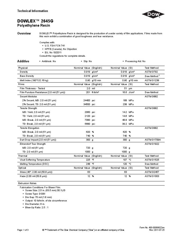 LLDPE Dowlex 2645G TDS | Heart | Medical Device