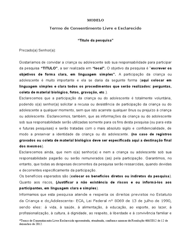 Consentimento para Pesquisa Infantil | PDF | Adolescência