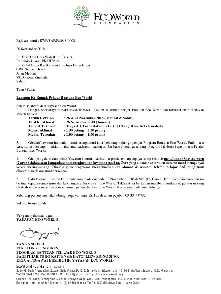 Surat Lawatan Ke Rumah Pelajar SAP 2018 Sabah - SRK Sacred Heart | PDF