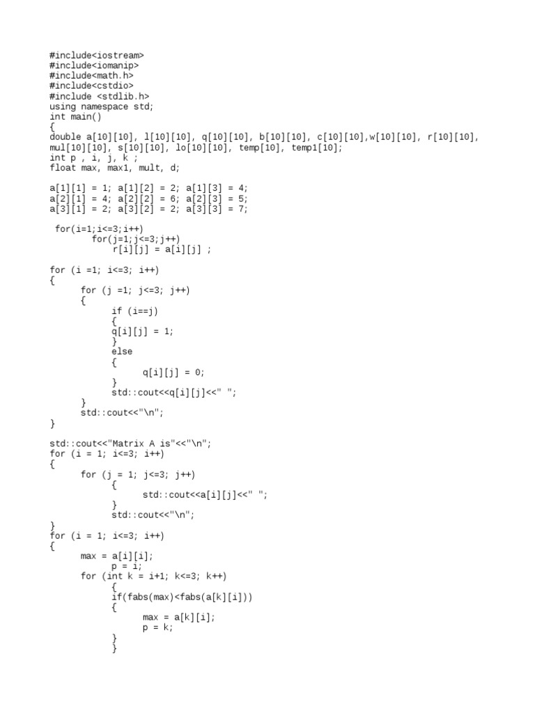 Lu Decomposition With Partial Pivoting C Program Pdf Linear Algebra Operator Theory