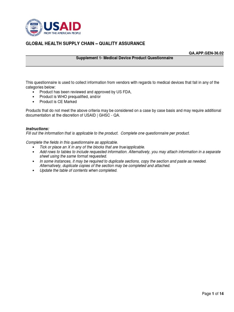Supplement 1 Medical Device Product Questionnaire | PDF | Medical ...